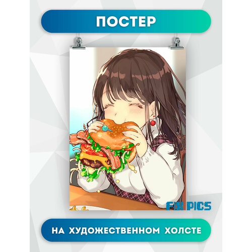 Постер на холсте Аниме девушка ест бургер в кафе 2 50х70 см