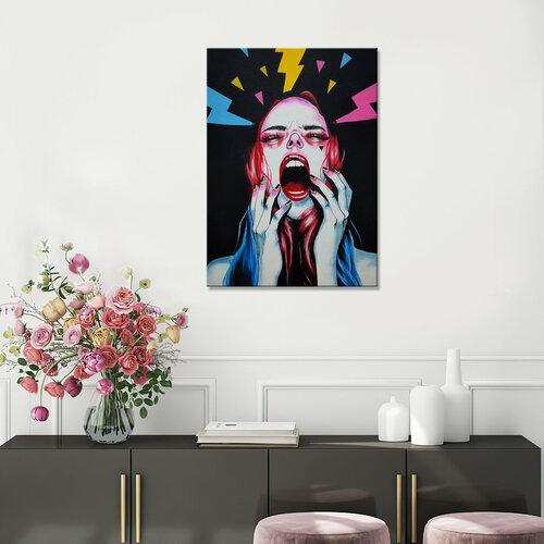 Интерьерная картина на холсте - Девушка крик цветные молнии арт 20х30