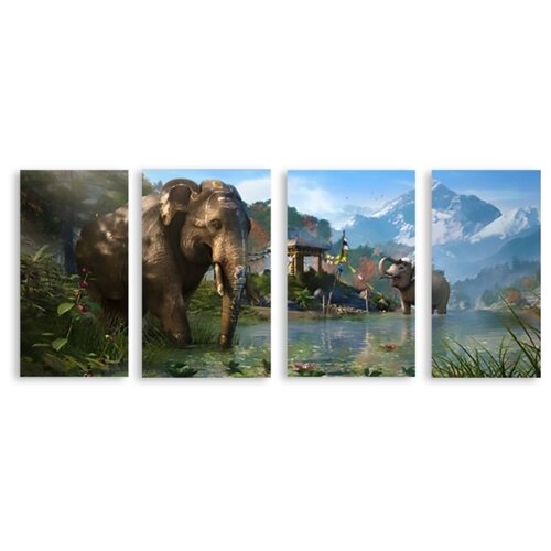 Модульная картина на холсте "Слоны на водопое" 150x65 см