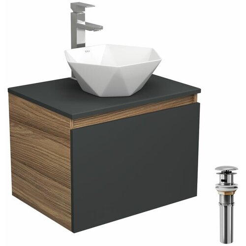 Комплект для ванной, 4 предмета (тумба Bau 60, графит + раковина на столешницу BAU Crystal 40х40 + смеситель Hotel Still, выпуск клик-клак, хром)