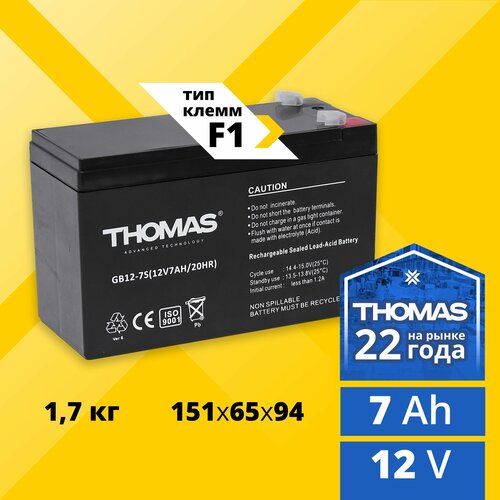 Аккумулятор для ибп 12v 7Ah Thomas F1 акб для детского электромобиля, мотоцикла, машинки, эхолота, инвалидной коляски, кассы, сигнализации, освещения