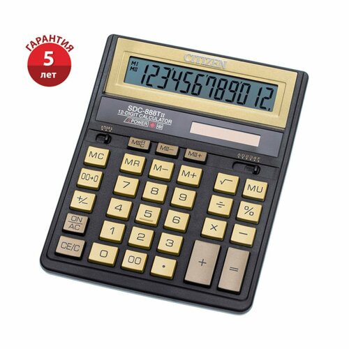 Калькулятор настольный "SDC-888TIIGE", 12-разрядный, 158 х 203 х 31 мм, двойное питание, чёрный/золото