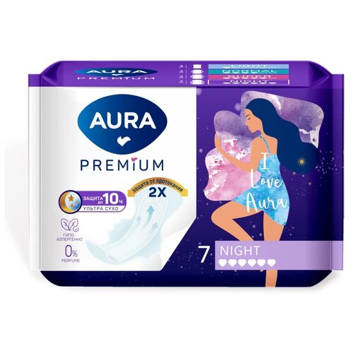 Комплект 5 упаковок, Прокладки гигиенические AURA PREMIUM, NIGHT 7ш/уп 13123