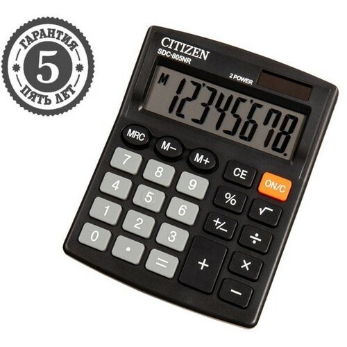 Калькулятор настольный Citizen "SDC-805NR", 8-разрядный, 105 х 120 х 21 мм, двойное питание, компактный, чёрный