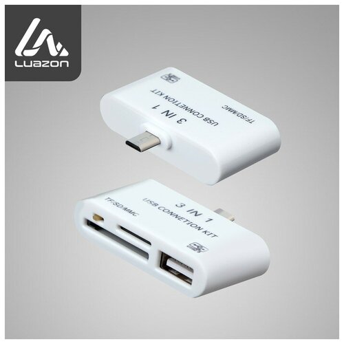 Картридер-OTG LuazON LNCR-100, адаптер microUSB, разъемы USB, microSD, SD, белый (1шт.)