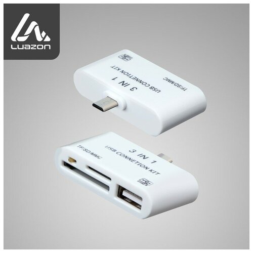 Картридер-OTG LuazON LNCR-100, адаптер microUSB, разъемы USB, microSD, SD, белый