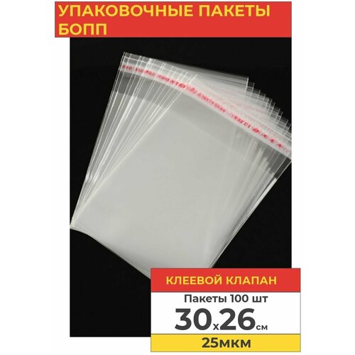 Упаковочные бопп пакеты с клеевым клапаном, 30*26 см,100 шт.