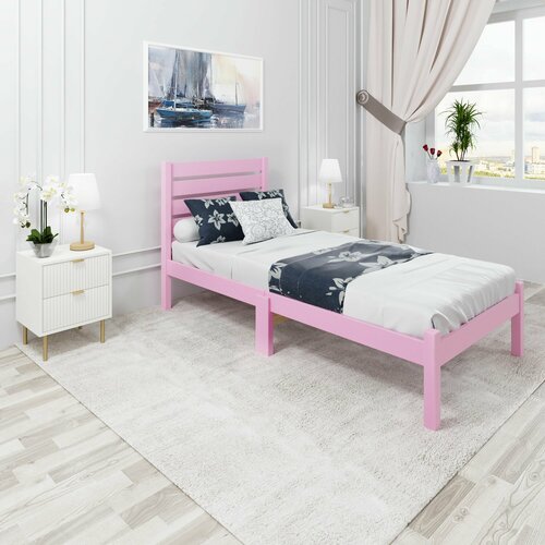 Кровать односпальная Классика Компакт из массива сосны с высокой спинкой и сплошным основанием, цвет розовый, 60х190 см