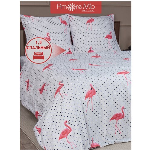 Постельное белье Amore Mio серия Макосатин Flamingo, 1,5 спальный комплект, микрофибра, белый с принтом фламинго