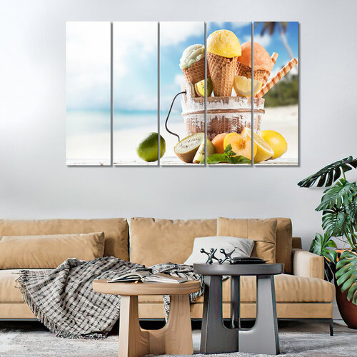 Модульная картина/Модульная картина на холсте/Модульная картина в подарок/Fruits and ice-cream are on the beach/Фрукты и мороженое на пляже 150х100