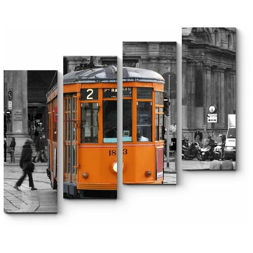 Модульная картина Оранжевый трамвай на сером городском фоне110x95