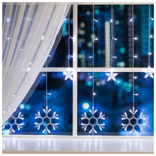 Гирлянда "Бахрома" 2.4 х 0.9 м с насадками "Снежинки", IP20, прозрачная нить, 150 LED, свечение белое, 8 режимов, 220 В