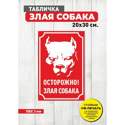 Табличка информационная на ПВХ "Осторожно Злая собака" красно-белый цвет, размер 20х30 см