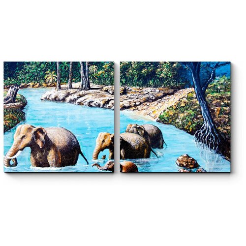 Модульная картина Семья слонов переправляется через реку 170x85