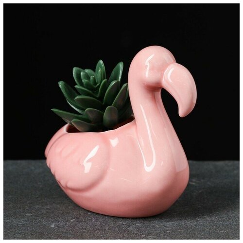 Кашпо для цветов фигурное "Фламинго" розовое, 13*12 см, керамика, настольный декоративный горшок