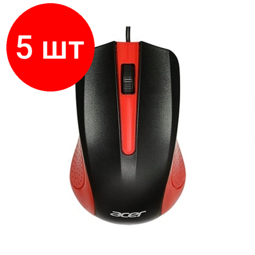 Комплект 5 штук, Мышь компьютерная Acer OMW012, черный/красный