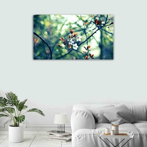 Картина на холсте 60x110 LinxOne "Ветви, вишня, цветение, белые" интерьерная для дома / на стену / на кухню / с подрамником
