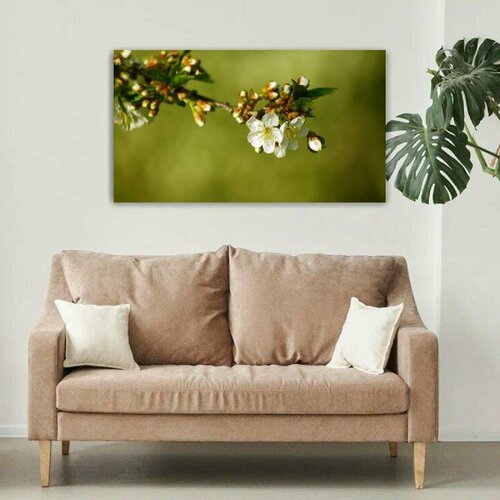 Картина на холсте 60x110 LinxOne "Вишня, ветка, цветы, белые" интерьерная для дома / на стену / на кухню / с подрамником