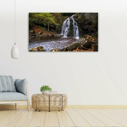 Картина на холсте 60x110 LinxOne "Spruce Flat Falls осень" интерьерная для дома / на стену / на кухню / с подрамником