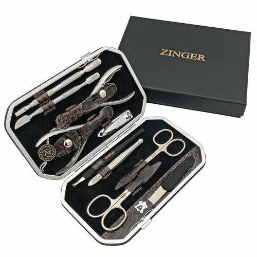 Маникюрный набор Zinger MSFE-804, 10 предметов, с книпсером, темно-коричневый