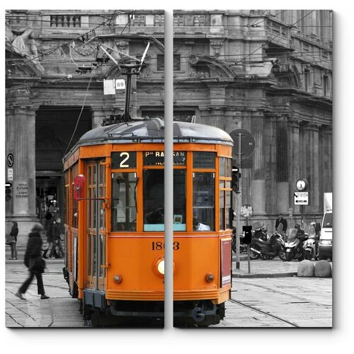 Модульная картина Оранжевый трамвай на сером городском фоне120x120