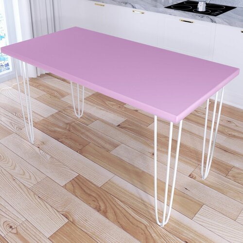 Стол кухонный Loft со столешницей розового цвета из массива сосны 40 мм и белыми металлическими ножками-шпильками, 140х60х75 см
