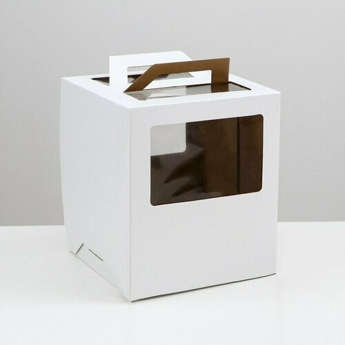 Коробка под торт 2 окна, с ручками, белая, 26 х 26 х 30 см