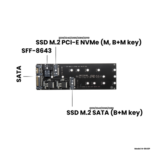 Адаптер-переходник (плата расширения) для SSD M.2 SATA (B+M key) в разъем SATA / M.2 PCI-E NVMe (M, B+M key) в разъем SFF-8643, NFHK N-8643P