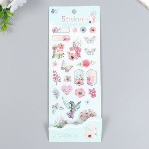 SUI Наклейка пластик "Птицы и цветы" с серебристой обводкой 10х27 см