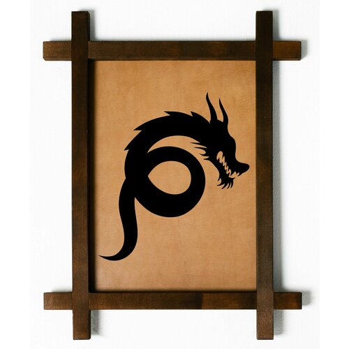 Картина Черный дракон 2, гравировка на натуральной коже, интерьерная для украшения и декора на стену в деревянной раме, подарок, BoomGift