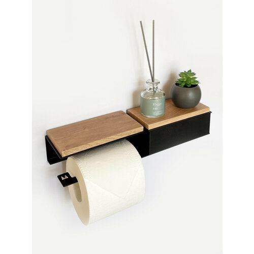 Держатель для туалетной бумаги с деревянной полкой с ящиком. Полка №3Б "Орех светлый" на черном