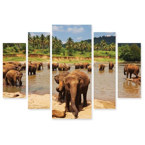 Модульная картина на холсте "Слоны на водопаде" 90x65 см