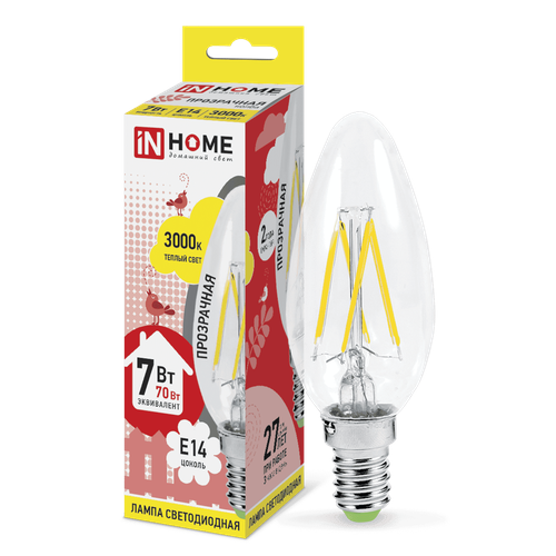 IN HOME Лампа светодиодная LED-свеча-deco 7Вт 230В Е14 3000К 630Лм прозрачная IN HOME 4690612007601