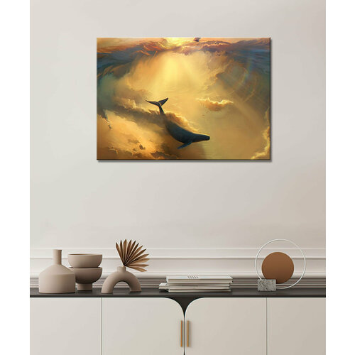 Картина - кит, арт, большой кит, кит в небе, кит в облаках, кит летает (48) 50х70