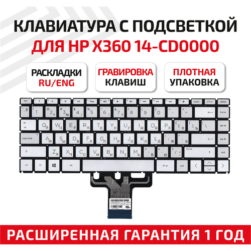 Клавиатура (keyboard) для ноутбука HP Pavilion x360, 14-cd0000, 14m-cd0000, 14t-cd0000HP, Pavilion, X360, 14-DH, 14T-DH, серебристая с подсветкой