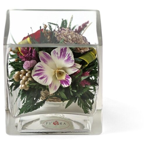 Ваза с наполнением из живых цветов, сохраненных на 5 лет, Fiora, в малой кубической вазе