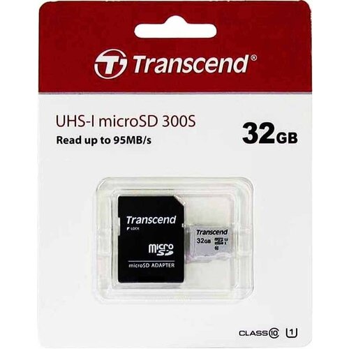 Карта памяти 32Gb - Transcend 300S MicroSDHC Class 10 UHS-I TS32GUSD300S-A (Оригинальная!)