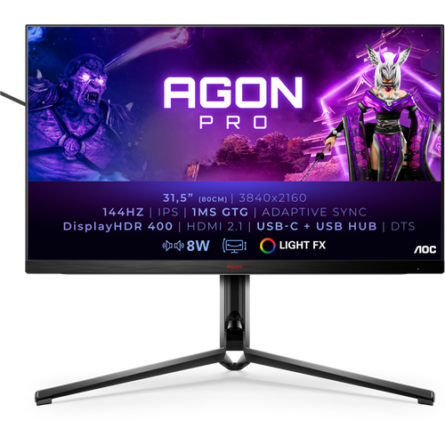 AOC Монитор LCD 31.5' [16:9] 3840x2160(UHD 4K) IPS, nonGLARE, 144 Hz, 350 cd/m2, H178°/V178°, 1000:1, 80M:1, 1.07B, 1ms, 2xHDMI, DP, USB-C, USB-Hub, Height adj, Pivot, Tilt, Swivel, Speakers, 3Y, Black