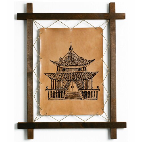 Картина Японский храм, гравировка на натуральной коже, интерьерная для украшения и декора на стену в деревянной раме, подарок, BoomGift