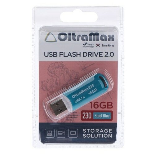 Флешка OltraMax 230, 16 Гб, USB2.0, чт до 15 Мб/с, зап до 8 Мб/с, синяя