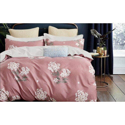 1.5 спальное постельное белье двустороннее сатин розовое с цветами