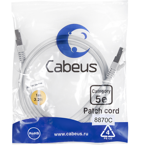 Патч-корд Cabeus F/UTP PC-FTP-RJ45-Cat.5e-1m-LSZH категория 5е, 2xRJ45/8p8c, экранированный, серый, LSZH, 1м PC-FTP-RJ45-Cat.5e-1m-LSZH