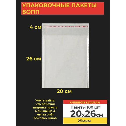 Упаковочные бопп пакеты с клеевым клапаном, 20*26 см,100 шт.