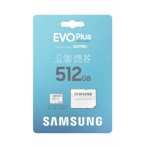 Карта памяти Samsung microSDXC 512 ГБ Class 10, V30, A2, UHS-I U3, R 160 МБ/с, адаптер на SD, 1 шт, белый