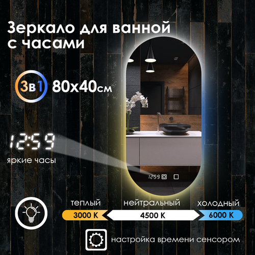 Зеркало для ванной Maskota Elen c контурной подсветкой 3 в 1 и часами, сенсор, диммер, IP44, 80/40 см