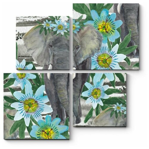 Модульная картина Слон, гуляющий среди цветов140x140