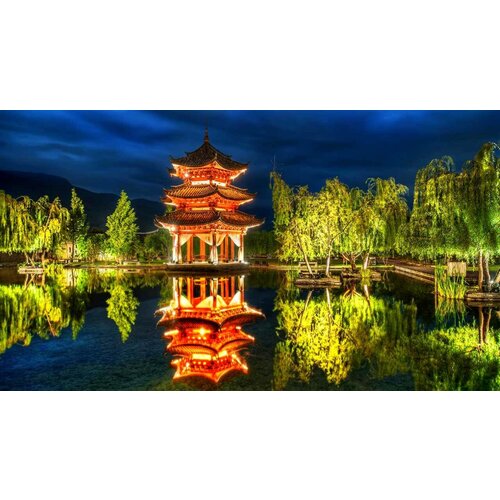 Картина на холсте 110x60 LinxOne "Китайский парк с пагодой" интерьерная для дома / на стену / на кухню / с подрамником