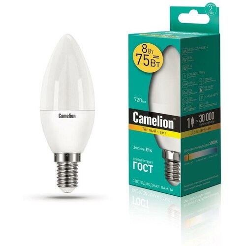 Лампа светодиодная LED8-C35/830/E14 8Вт свеча 3000К тепл. бел. E14 720лм 170-265В Camelion 12385 (5шт.)