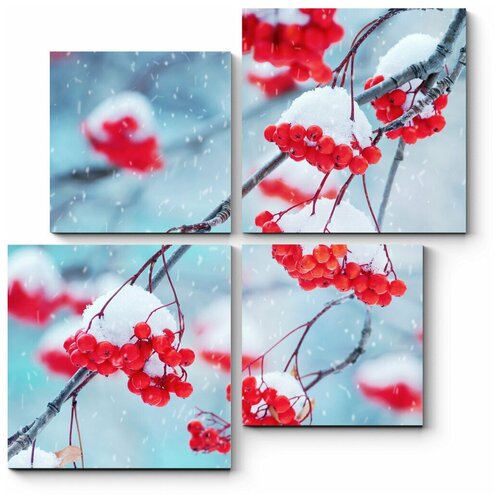 Модульная картина Первый снег укутывает спелые ягоды рябины 100x100
