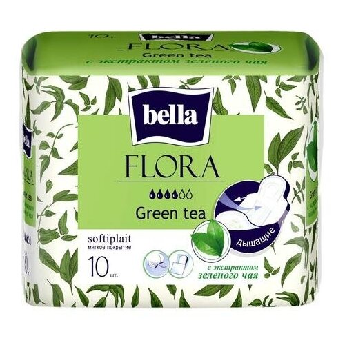 Прокладки женские гигиенические bella FLORA Green tea с экстрактом зеленого чая 10 шт.